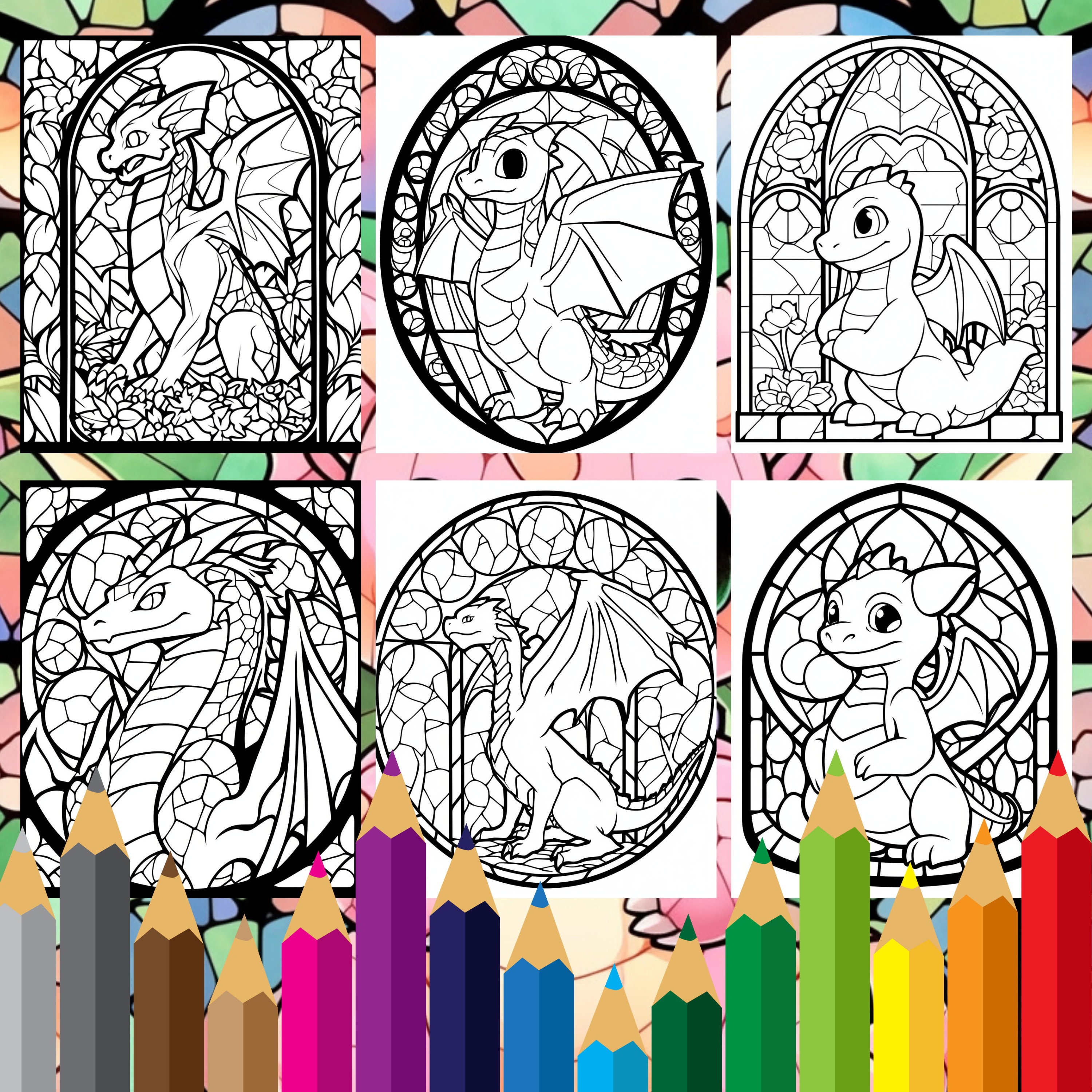 Stained Glass Kawaii Dragon Coloring Pages - Digital Printable ...
