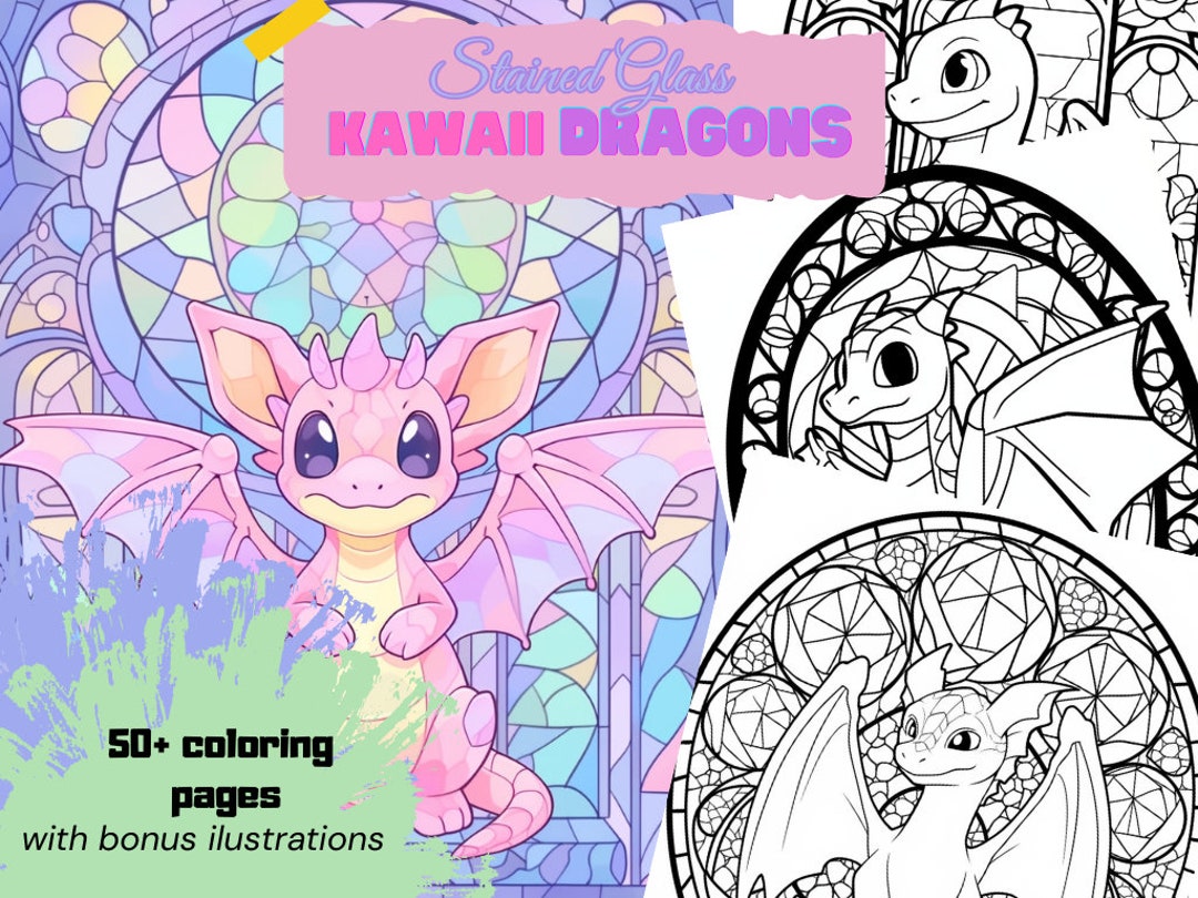 Stained Glass Kawaii Dragon Coloring Pages - Digital Printable ...