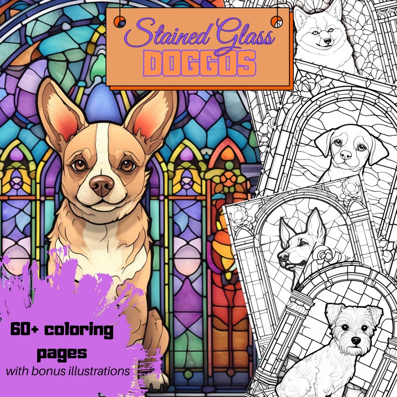Stained Glass Window With Cute Dogs Coloring Pages - Digital Printable ...