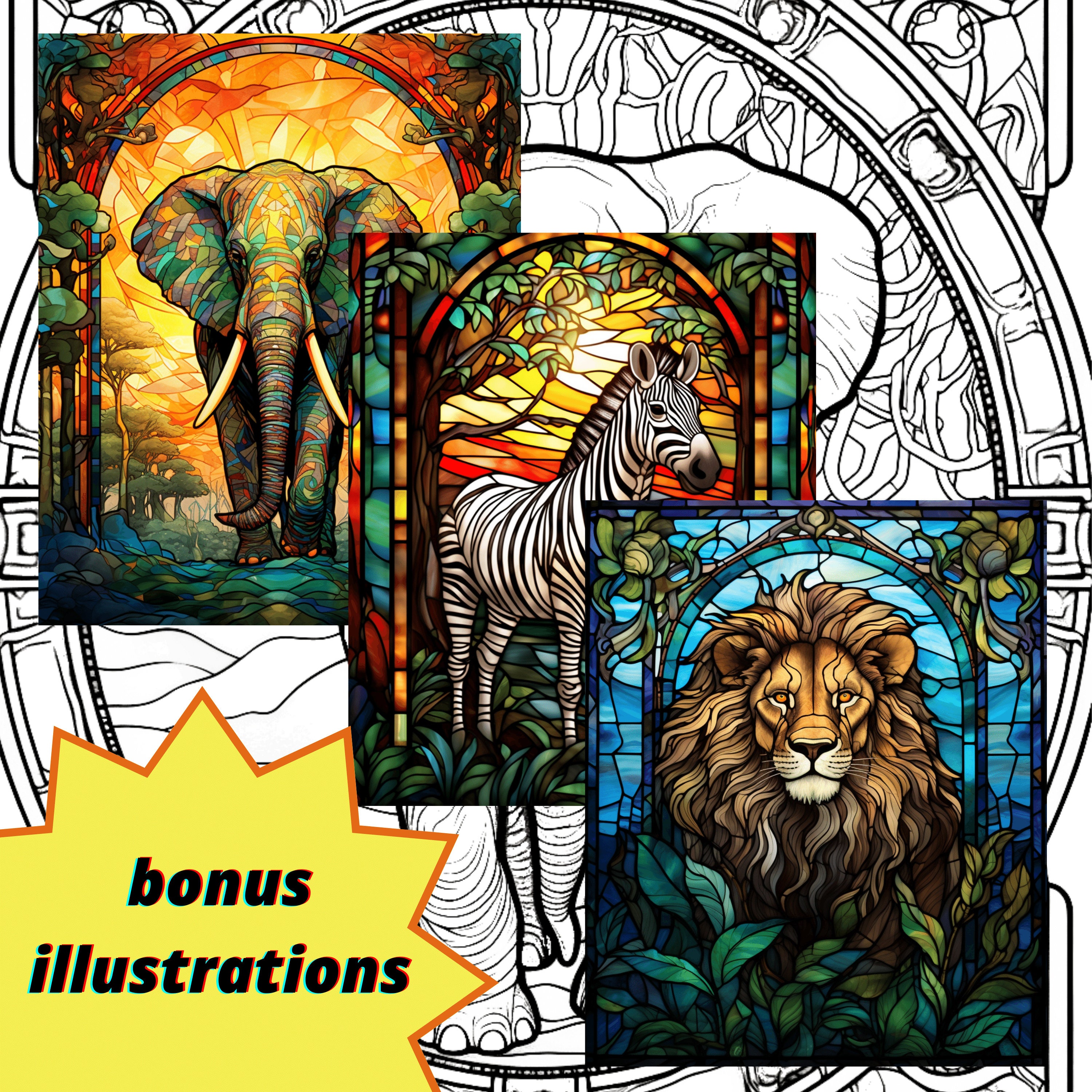 African Animals Stained Glass Coloring Pages - Digital Printable ...