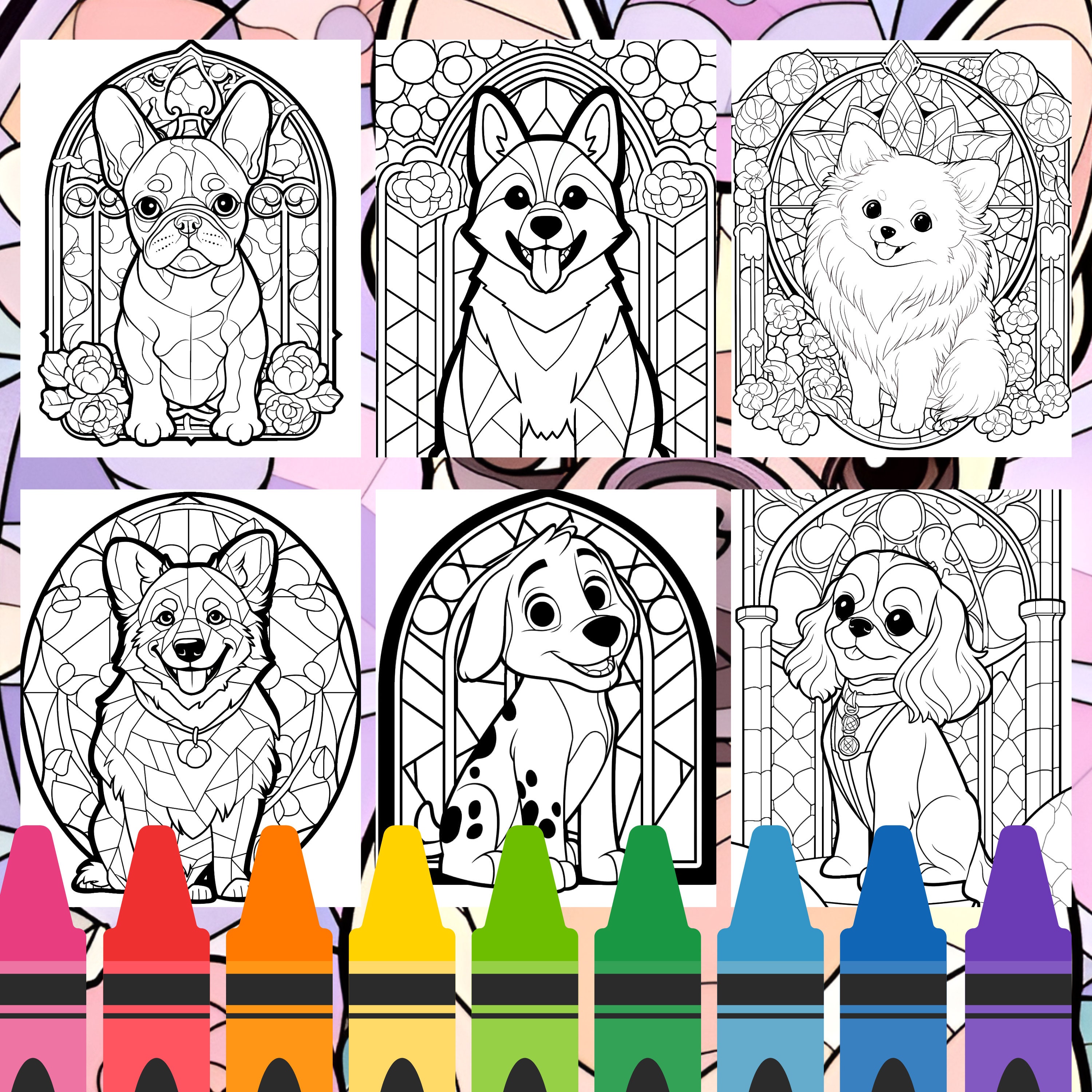 Cute Dog Coloring Pages Stained Glass Kawaii Dogs Digital Coloring ...