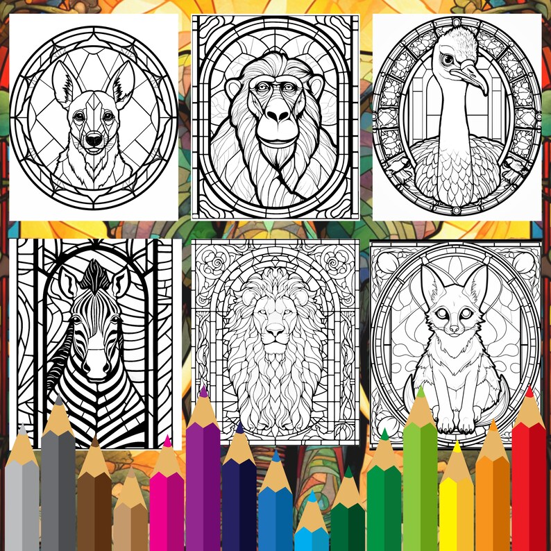 African Animals Stained Glass Coloring Pages - Digital Printable ...