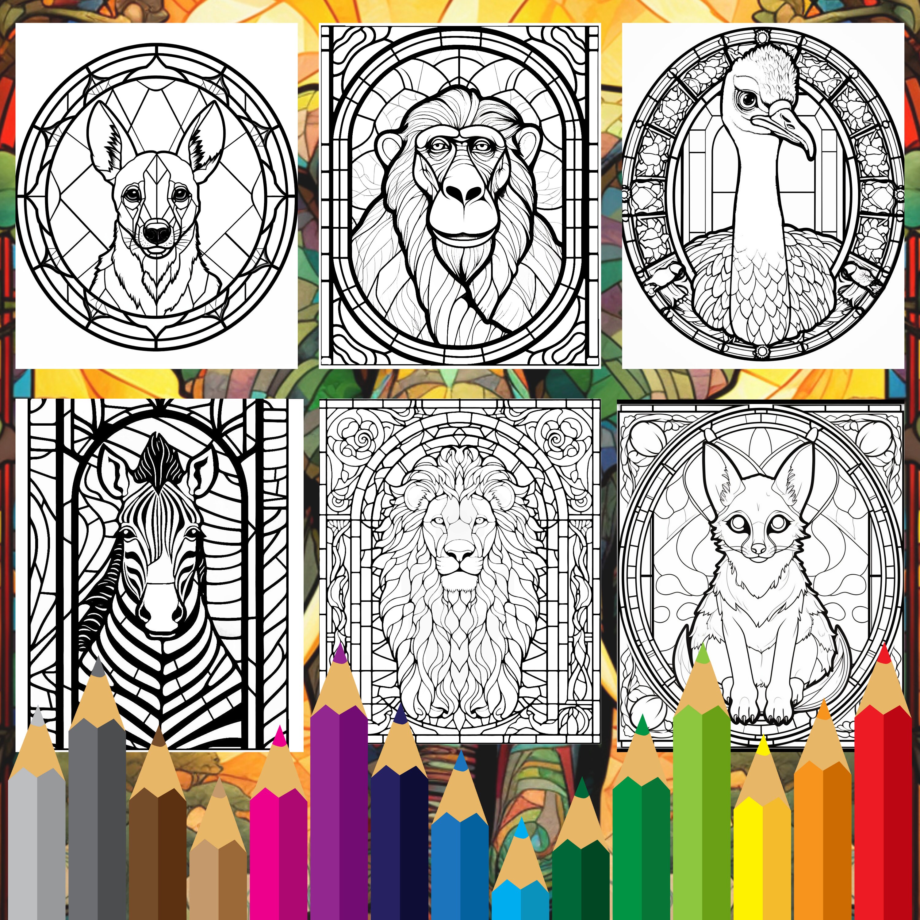 African Animals Stained Glass Coloring Pages - Digital Printable ...