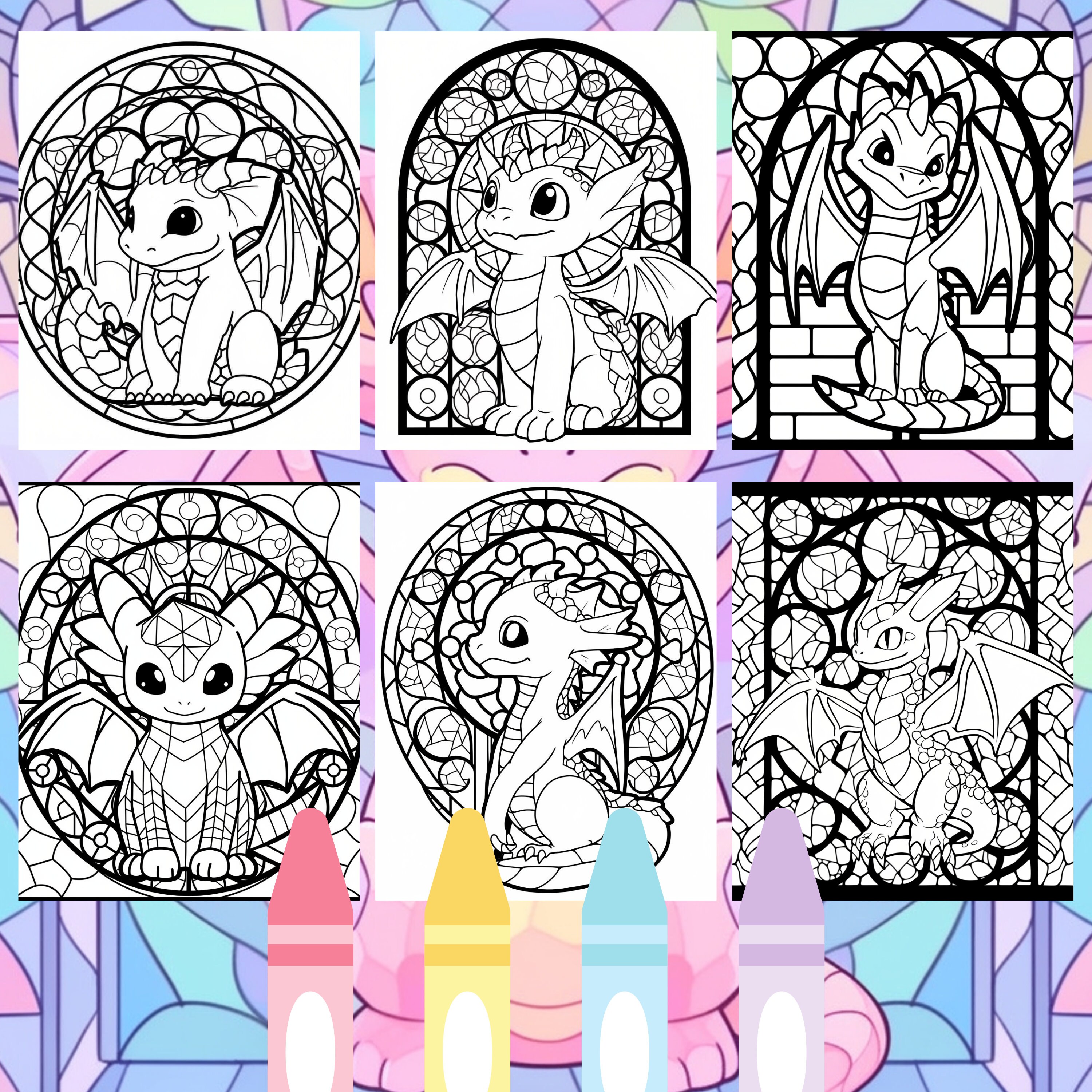 Stained Glass Kawaii Dragon Coloring Pages - Digital Printable ...