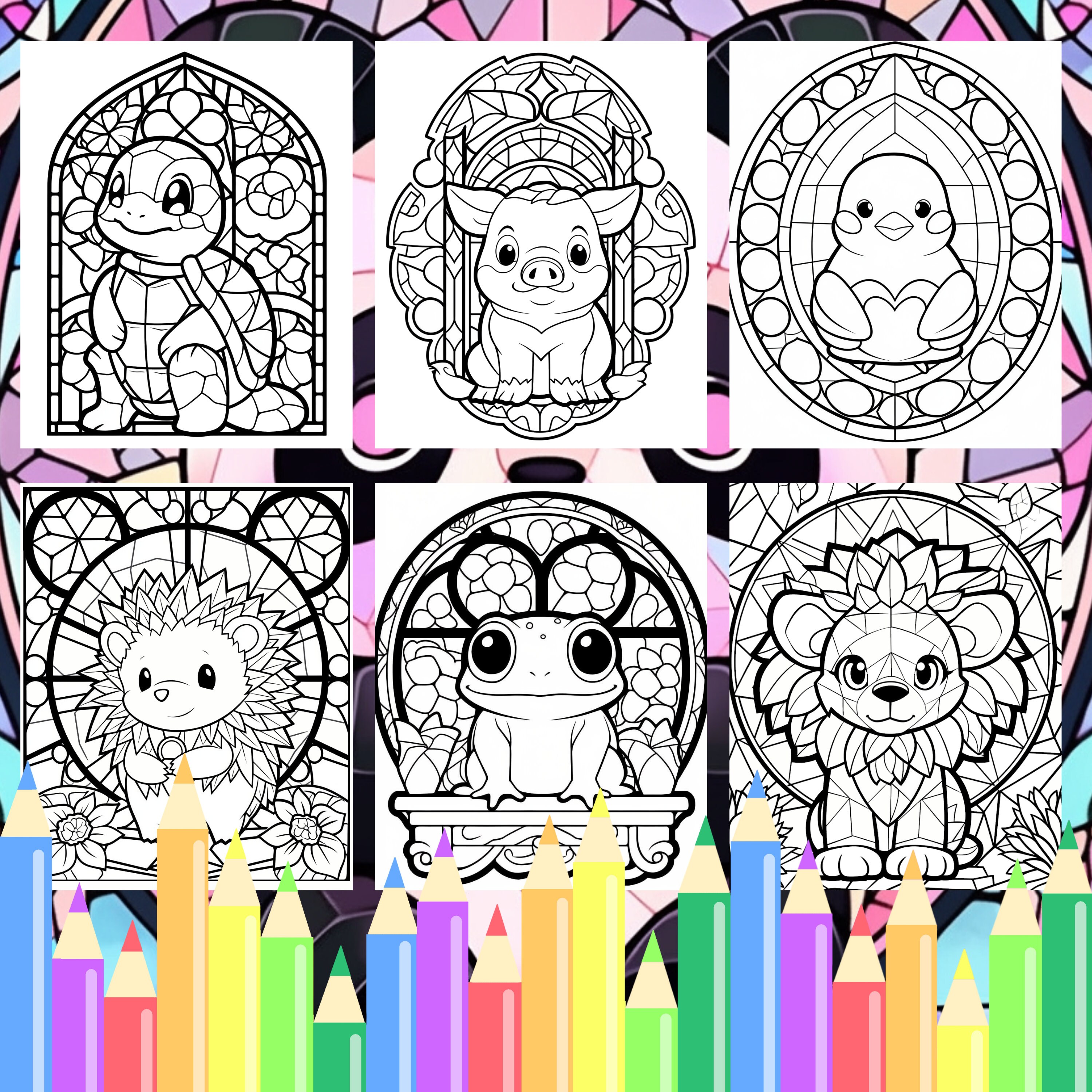 Stained Glass Kawaii Animals Coloring Pages - Digital Printable ...