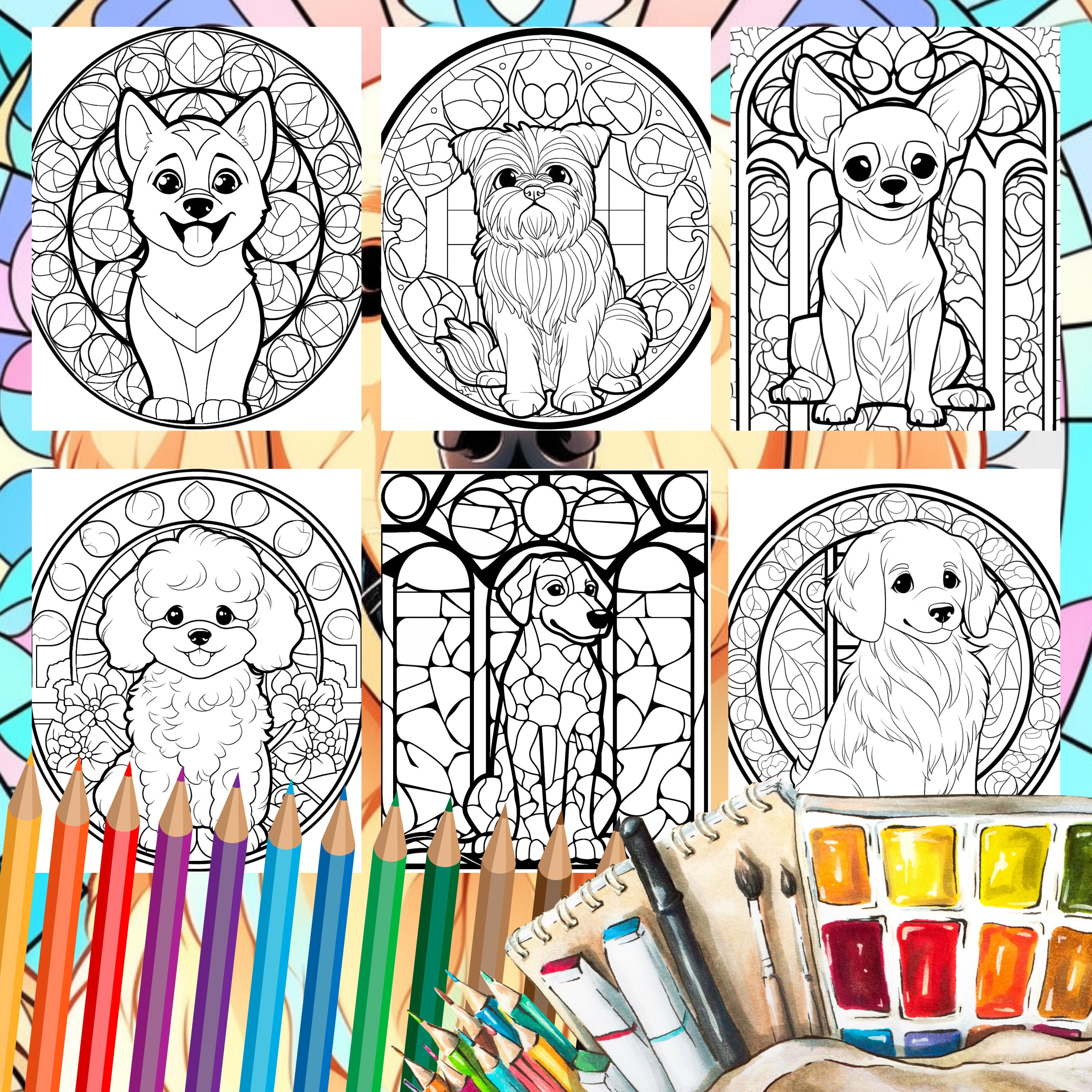 Cute Dog Coloring Pages Stained Glass Kawaii Dogs Digital Coloring ...