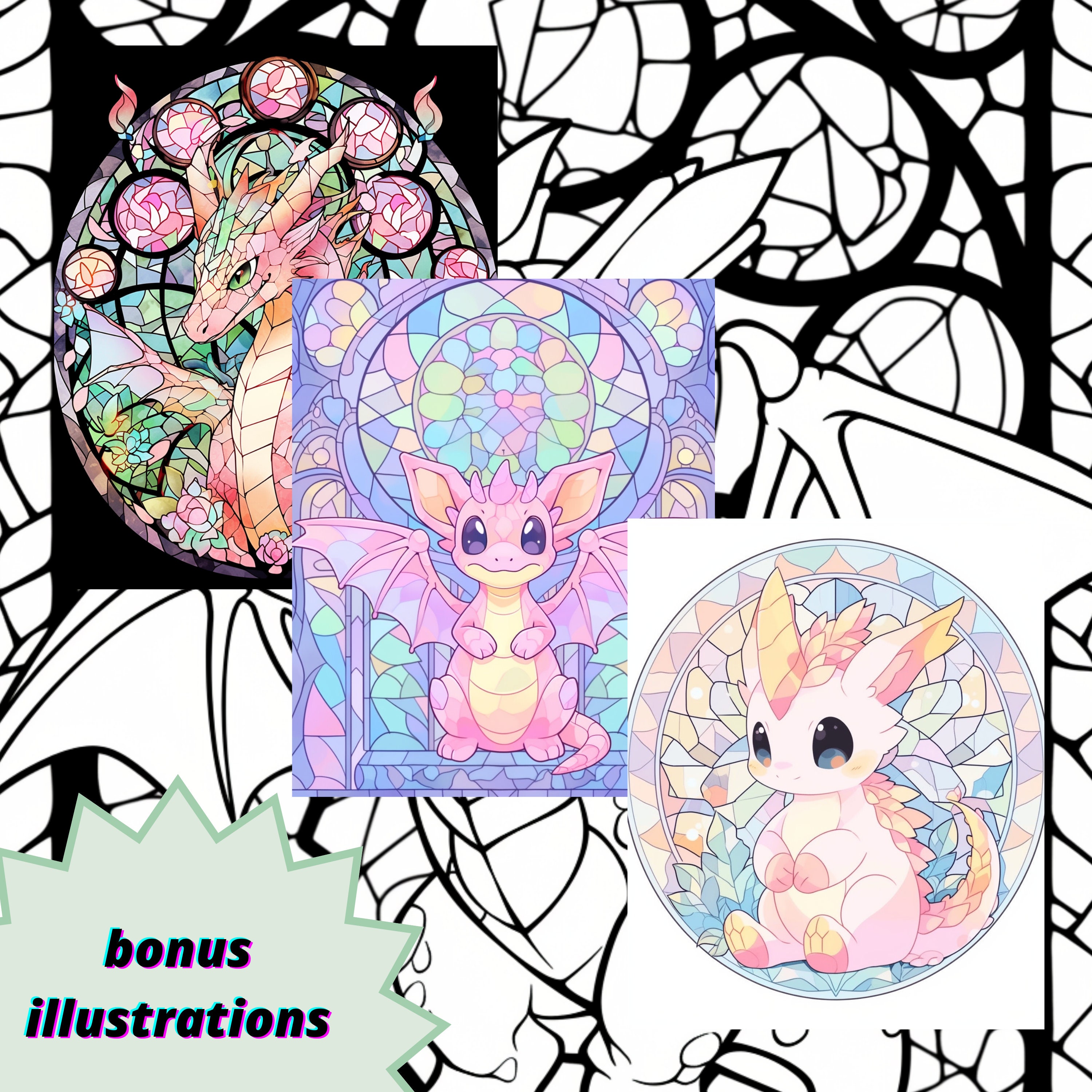 Stained Glass Kawaii Dragon Coloring Pages - Digital Printable ...
