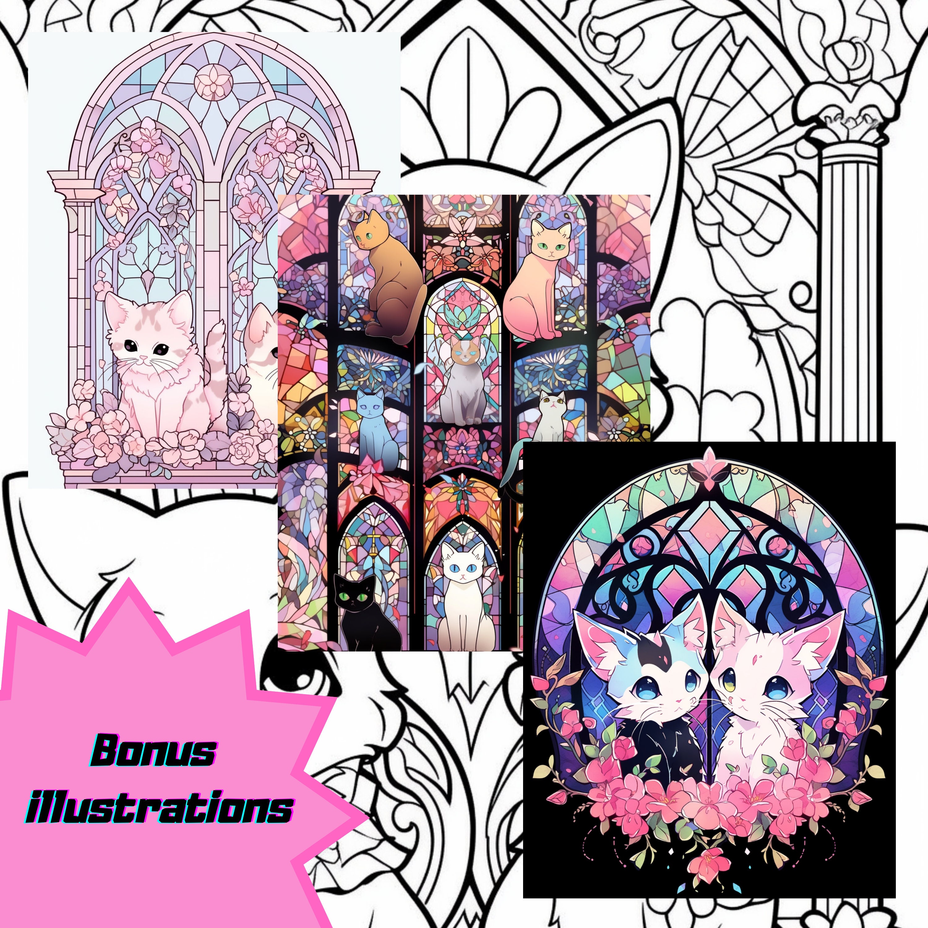 Stained Glass Window Kawaii Cat Coloring Pages Digital Printable ...