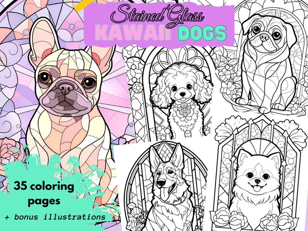 Cute Dog Coloring Pages Stained Glass Kawaii Dogs Digital Coloring ...