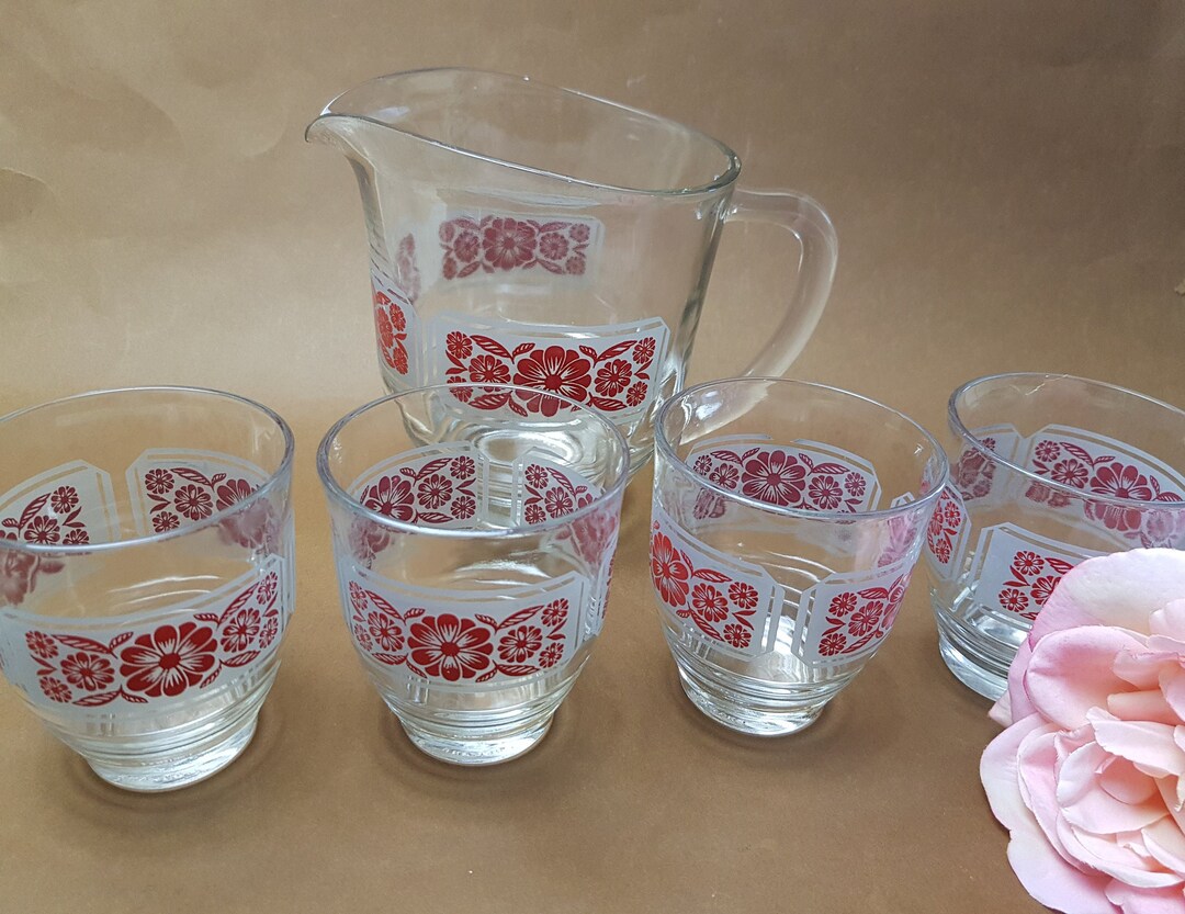 1960s 1970s Red Flower Power Pattern on White Band Glass Jug - Etsy