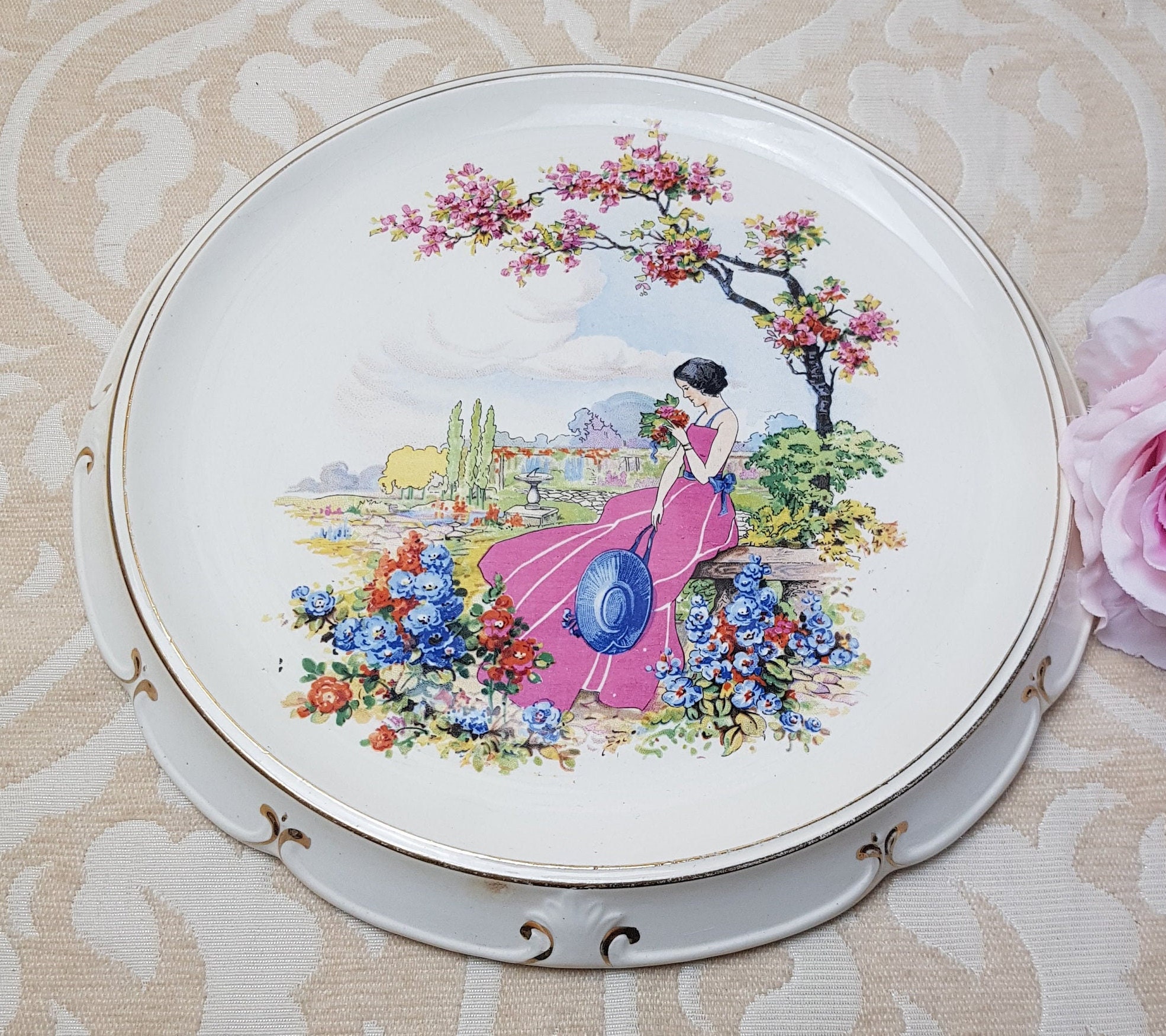 Vintage Falcon Ware Art Deco Cake Stand Base Stunning Pink Lady With ...