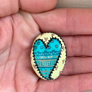 Hand Painted Pebble / Stone / Rock Patchwork Heart Teal and Beige - Etsy