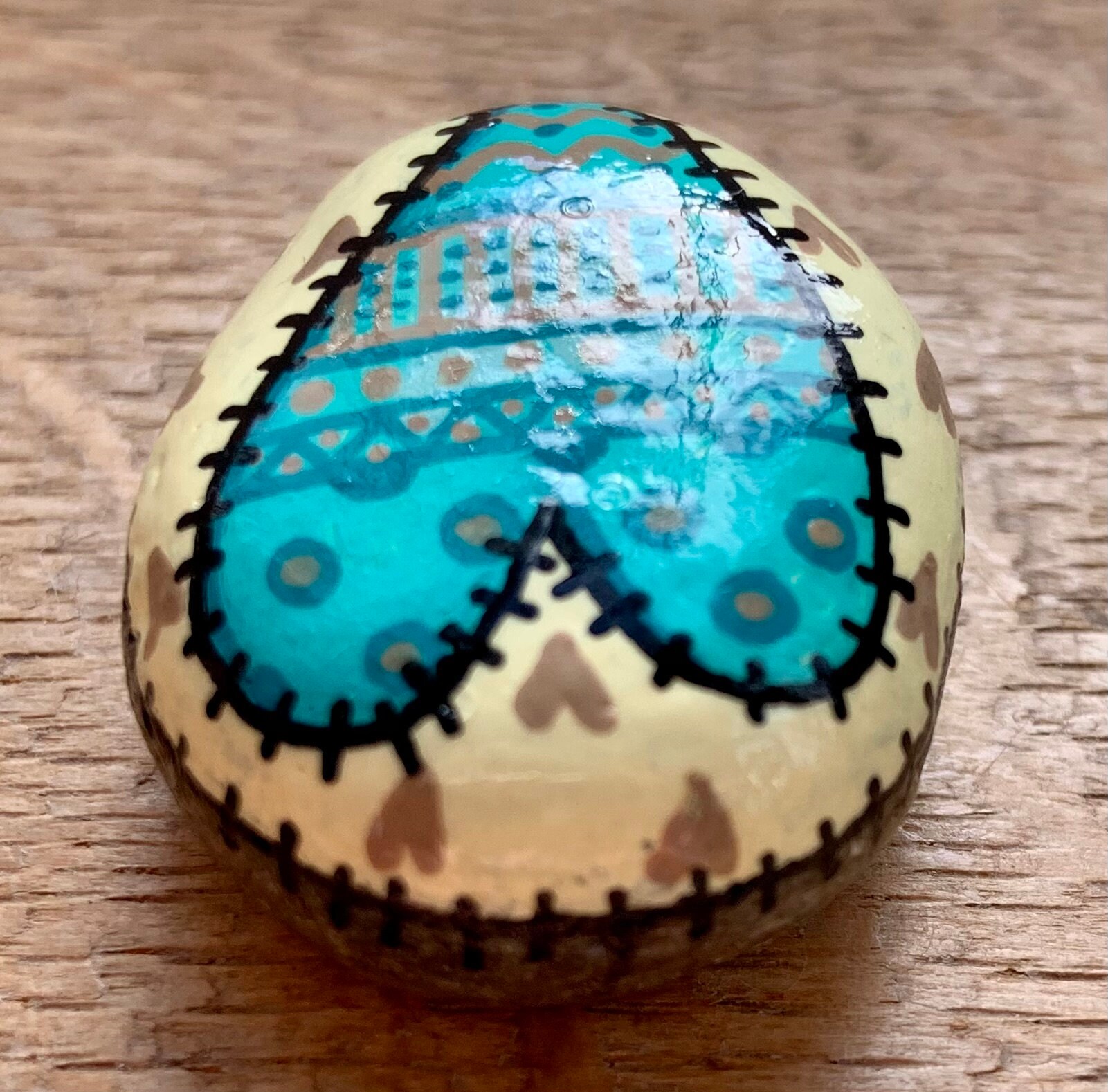 Hand Painted Pebble / Stone / Rock Patchwork Heart Teal and Beige - Etsy