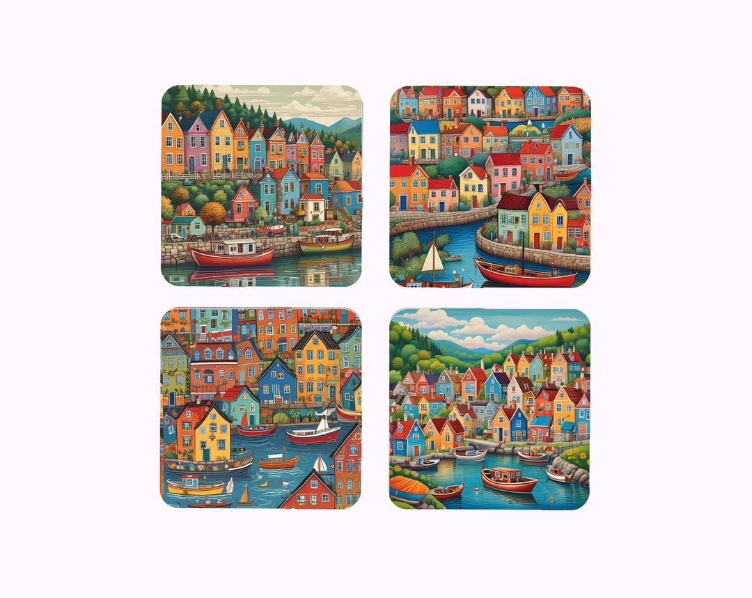 Folk Art Coaster Set,village Harbor Art,seaside Coaster,printed Coaster ...