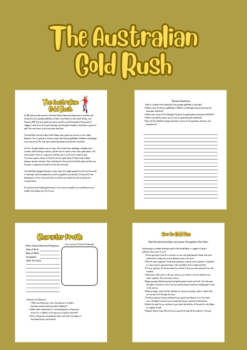 The Australian Gold Rush Study Pack, Reading Comprehension, Research ...