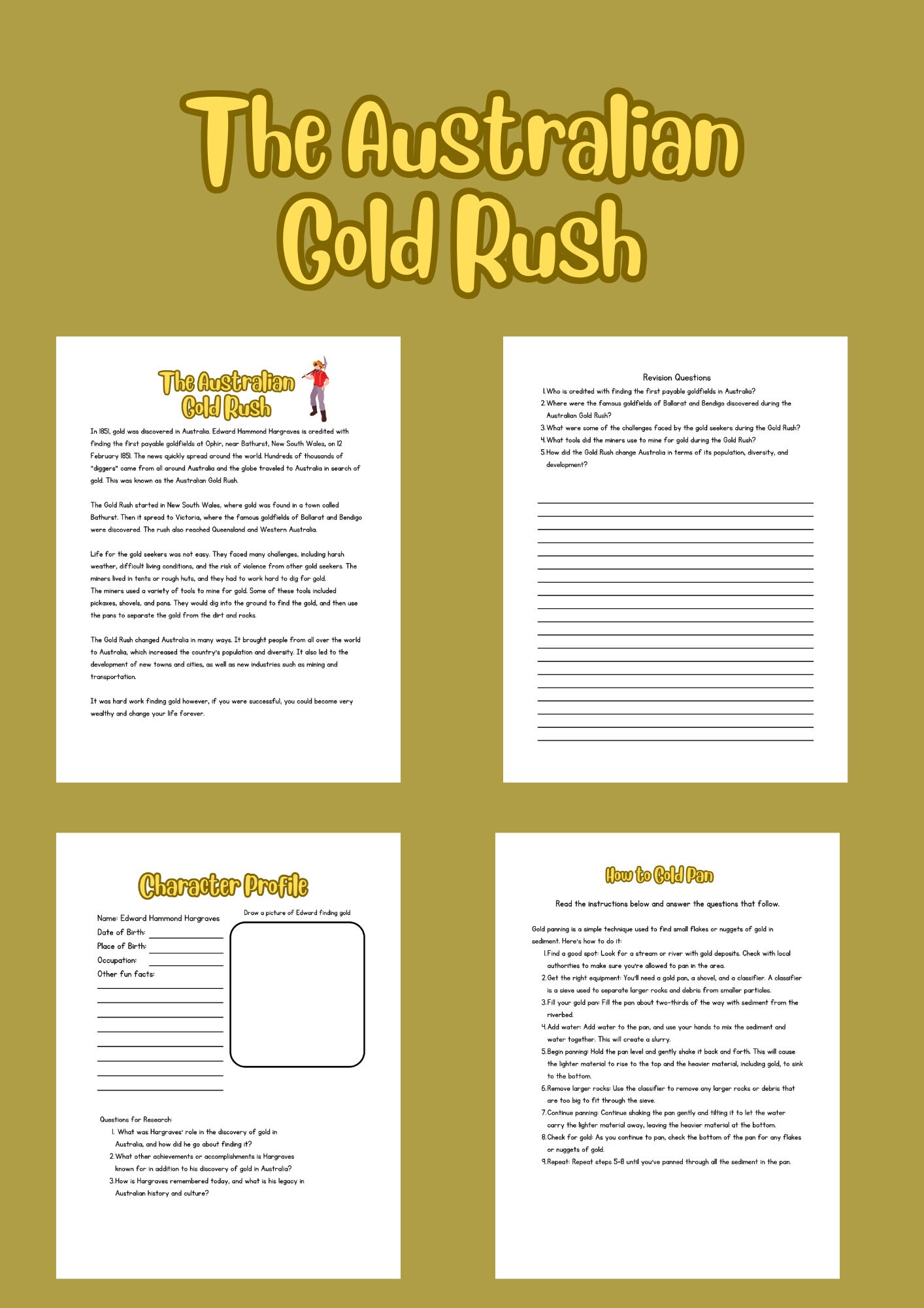The Australian Gold Rush Study Pack, Reading Comprehension, Research ...