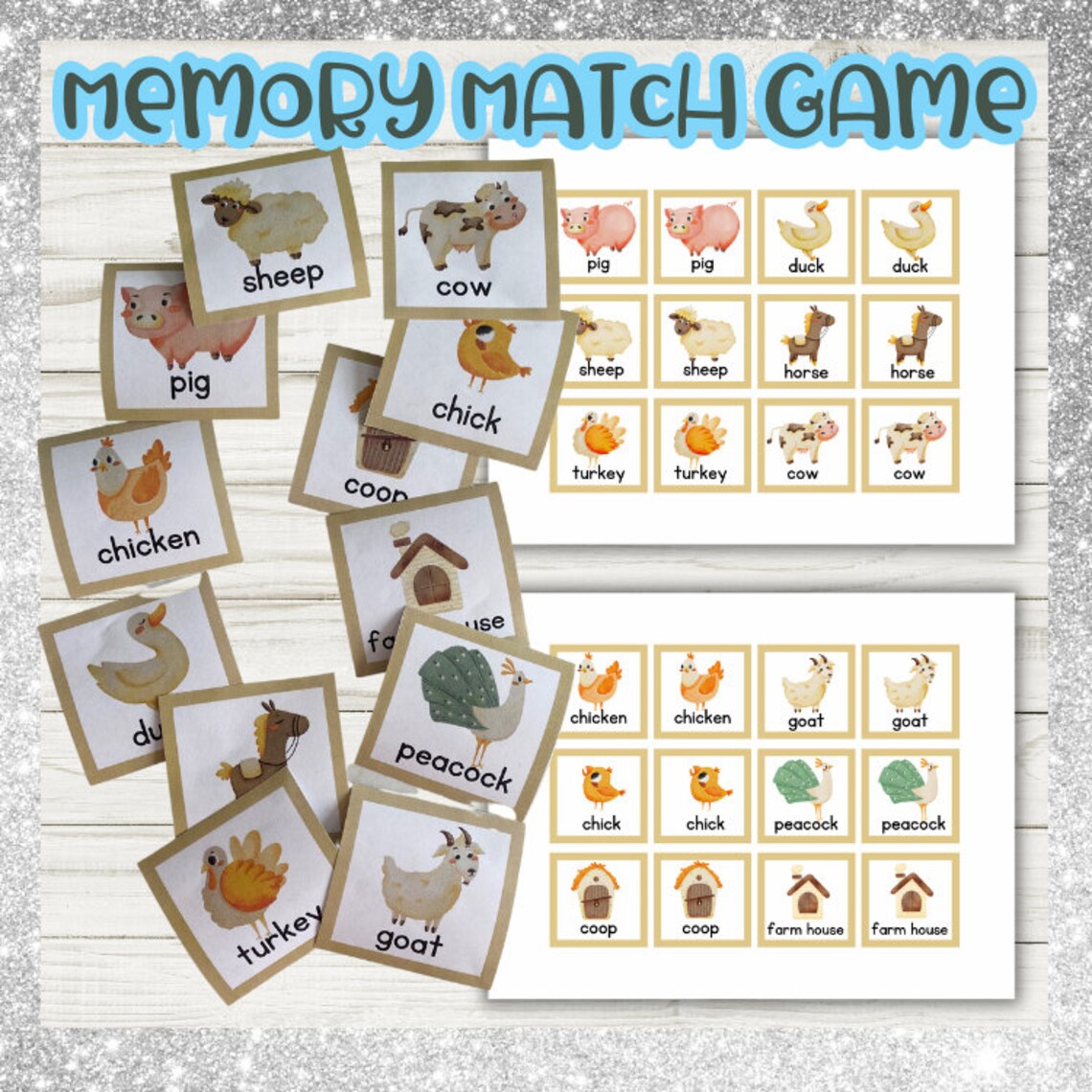 Printable Games Fam Animals Memory Match Game Homeschool Worksheets - Etsy