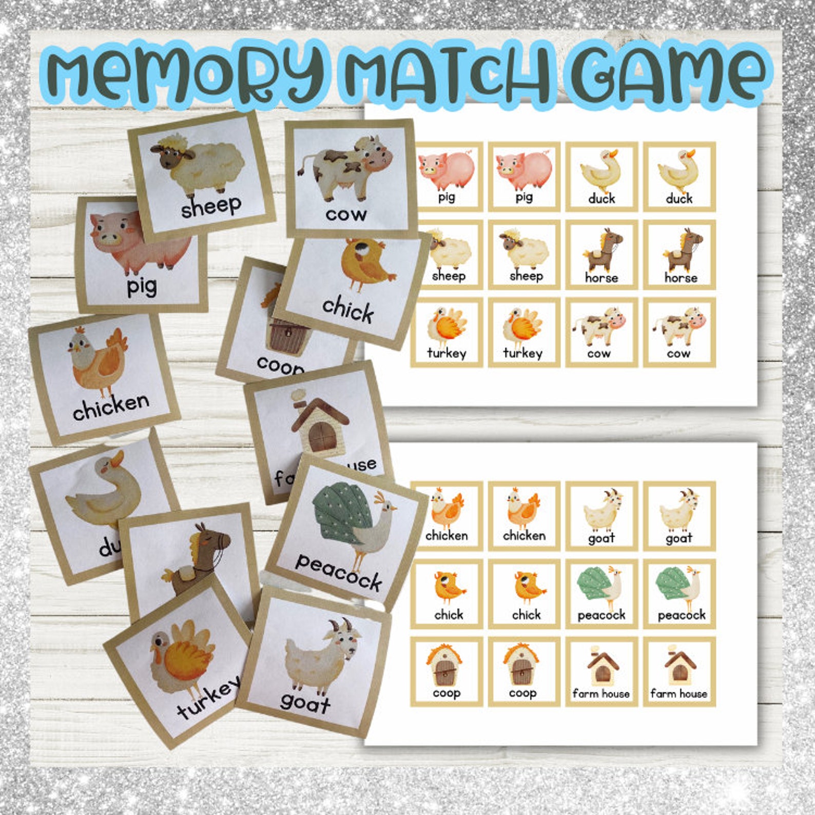 Printable Games Fam Animals Memory Match Game Homeschool Worksheets - Etsy