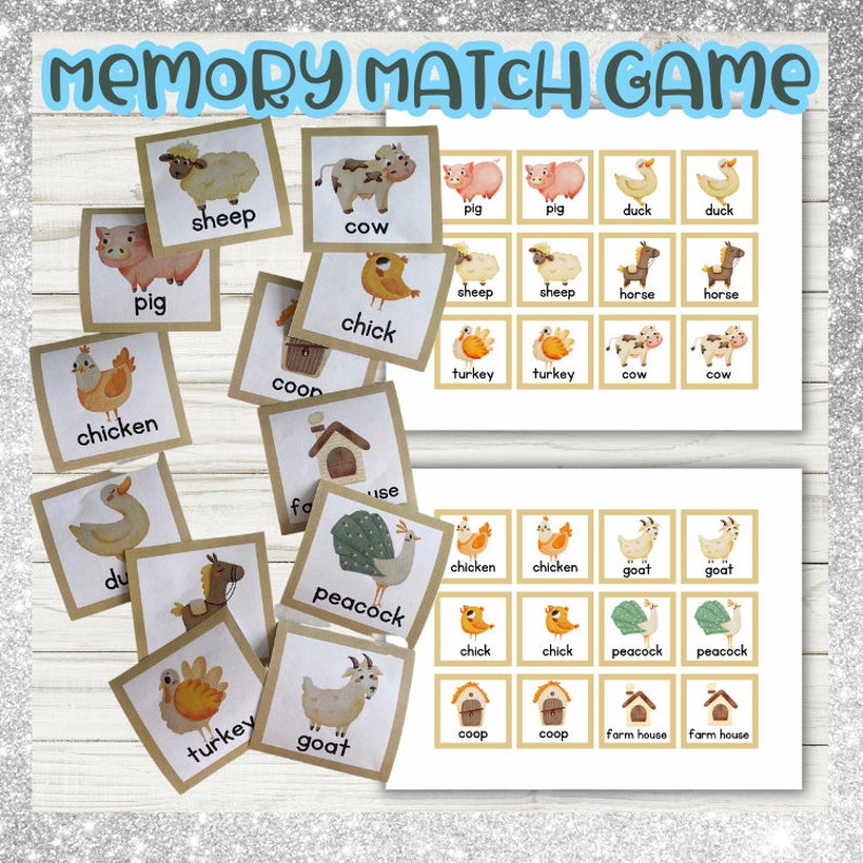 Printable Games Fam Animals Memory Match Game Homeschool Worksheets - Etsy