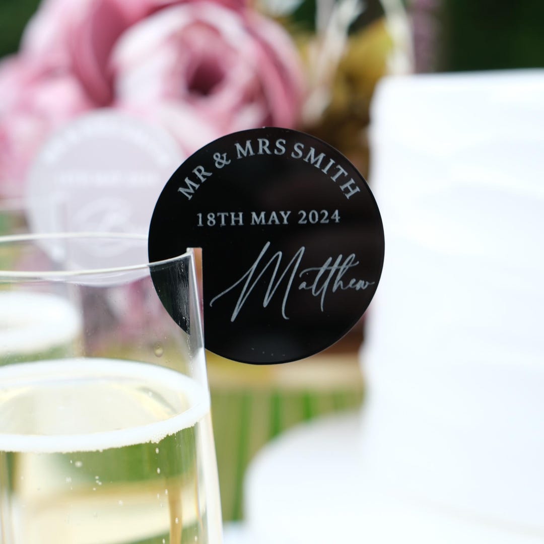 Personalised Wedding Glass Charm Acrylic Drink Marker Name Tag Custom ...
