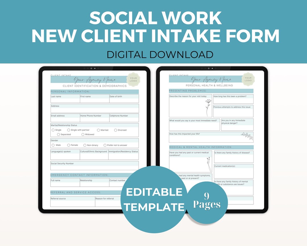 Social Work Client Intake Form Editable Template, Case Management Form ...