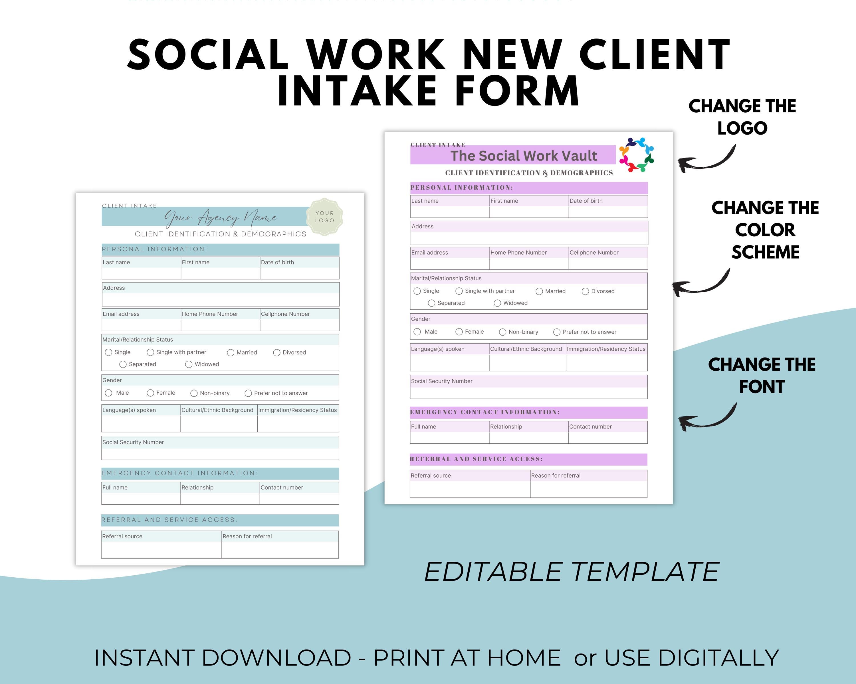 Social Work Client Intake Form Editable Template, Case Management Form ...