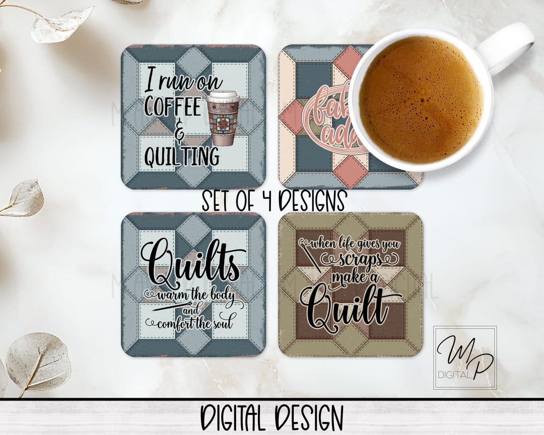 Set of 4 Quilting Coaster Sublimation PNG Designs, Sewing Square Coffee ...