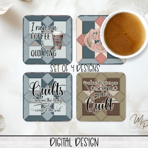 Set of 4 Quilting Coaster Sublimation PNG Designs, Sewing Square Coffee ...