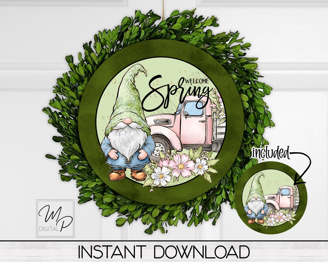 Hello Spring Gnome Round Door Sign Sublimation Design Download, Wreath ...