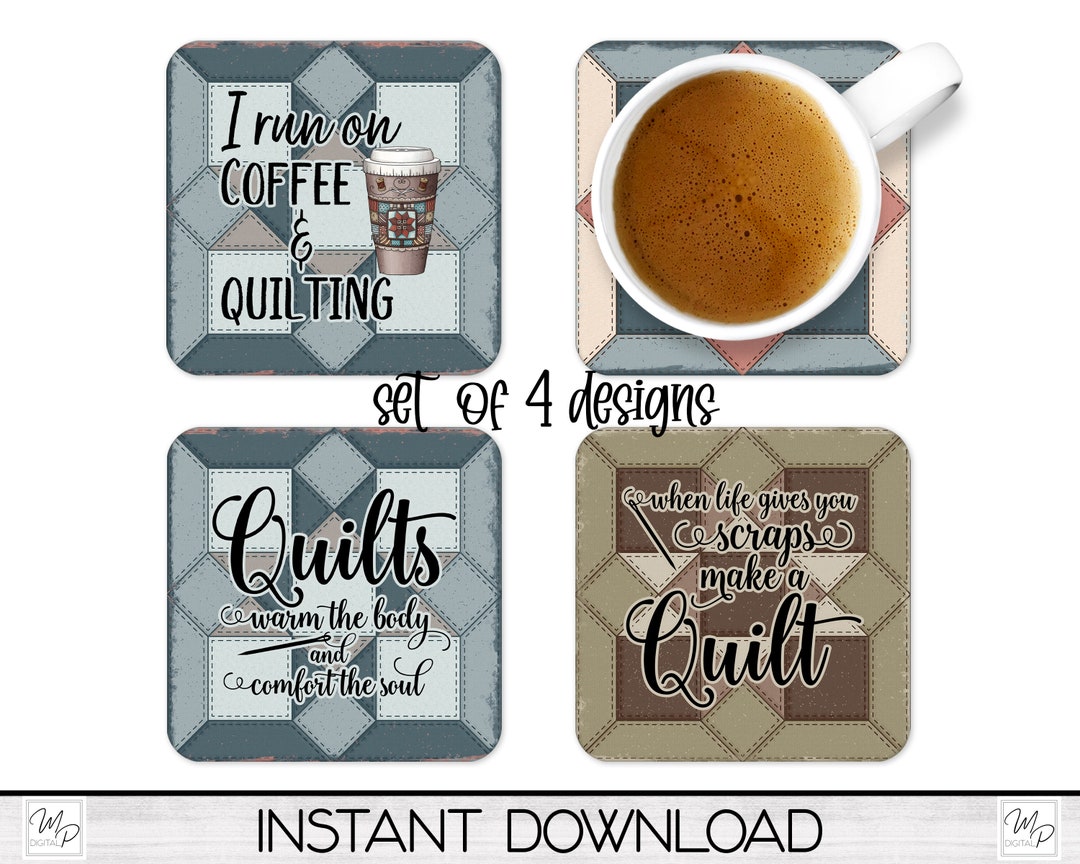 Set of 4 Quilting Coaster Sublimation PNG Designs, Sewing Square Coffee ...