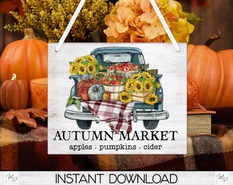 FALL RED TRUCK Door Hanger, Wreath Sign, Round Cutting Board Png, for ...