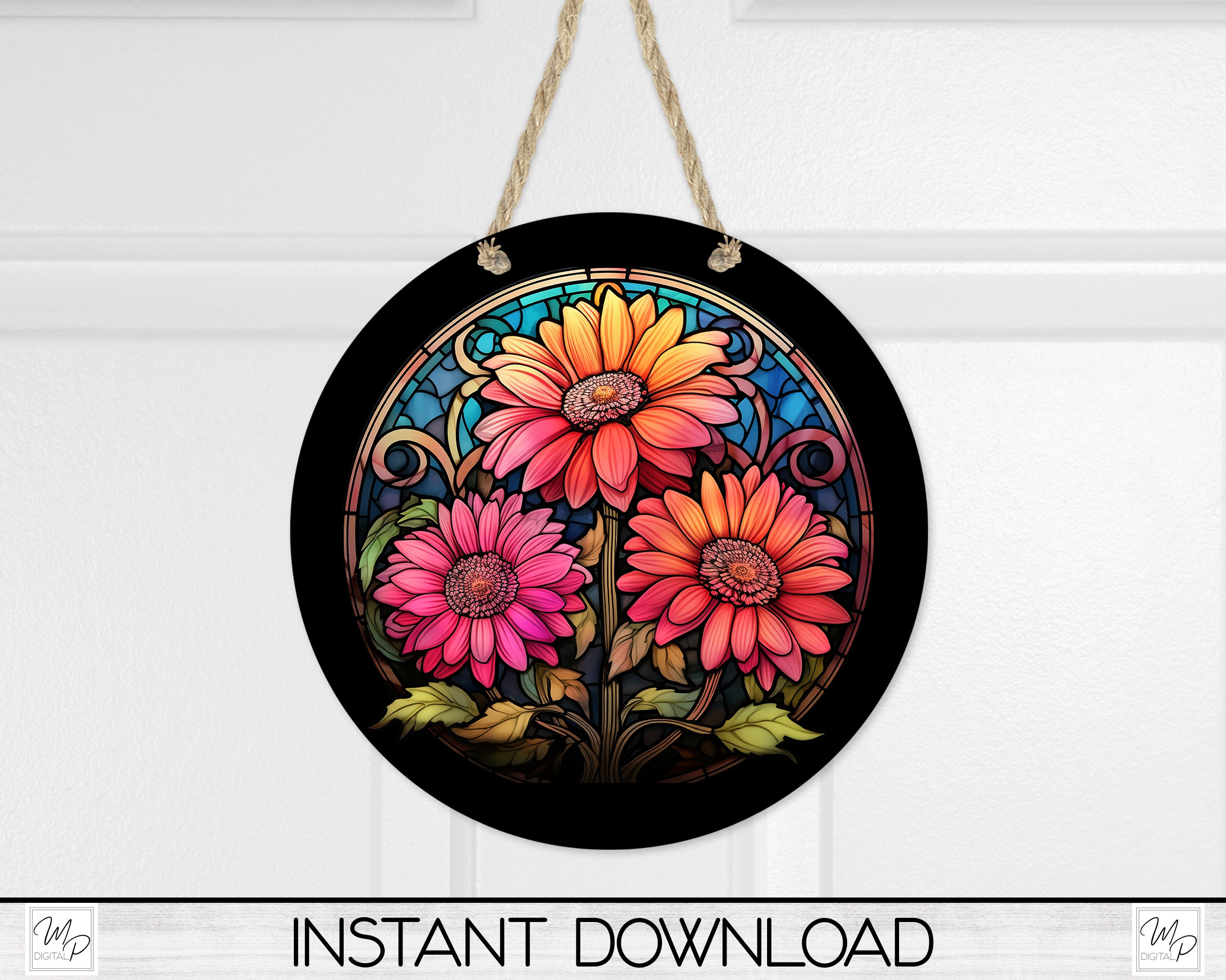 Stained Glass Floral Round Door Sign Hanger, PNG Digital Design ...