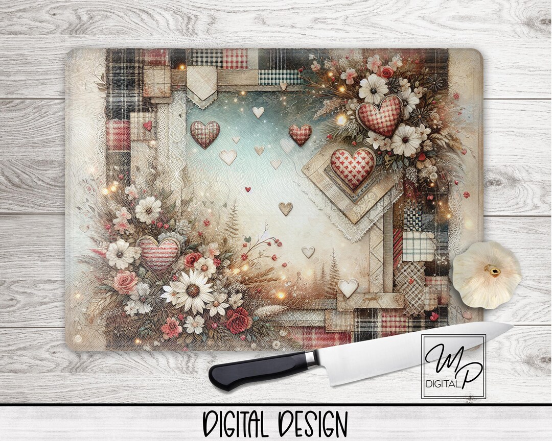 Rustic Valentine Hearts Glass Cutting Board PNG Digital Design for ...