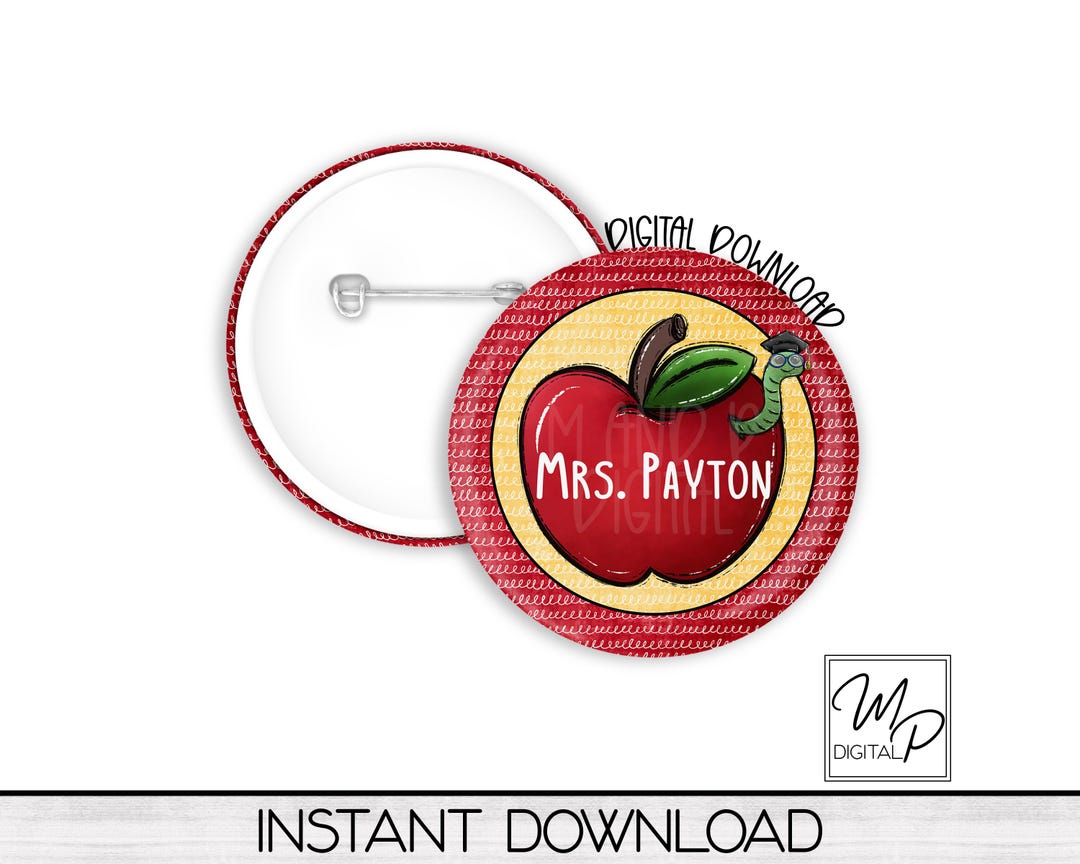 Teacher Apple Round Button PNG Design, Pin Button Digital Download ...