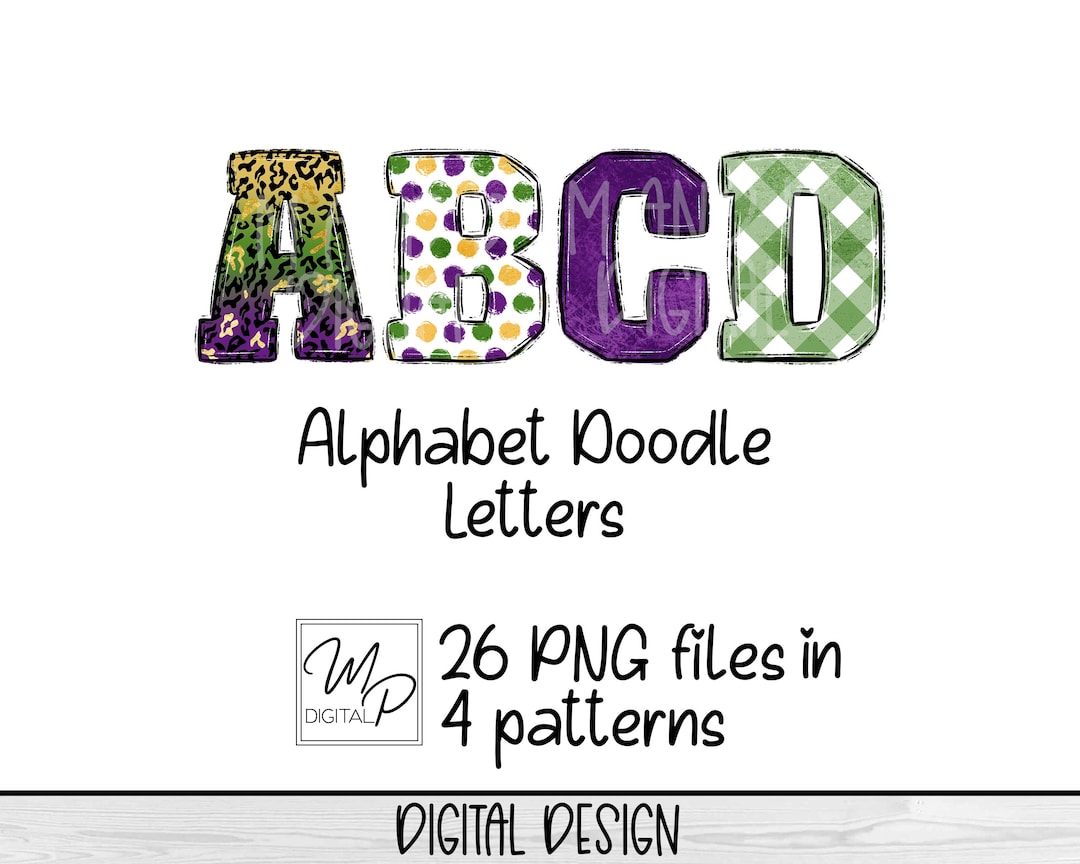 Mardi Gras Alphabet Letter Bundle, Alphabet Doodle Sublimation PNG ...