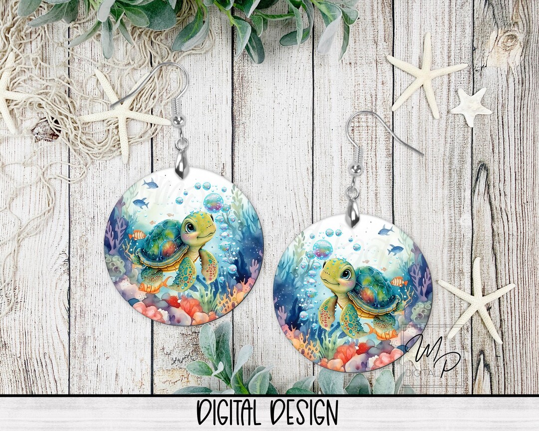 Turtle Round Earring PNG File for Sublimation Design, Digital Download ...