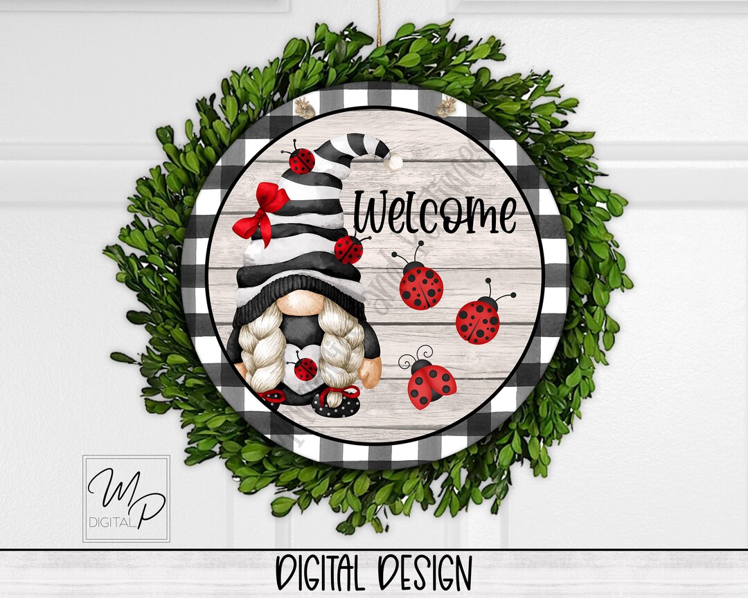 Ladybug Gnome Welcome Round Door Sign Hanger, PNG Digital Design ...