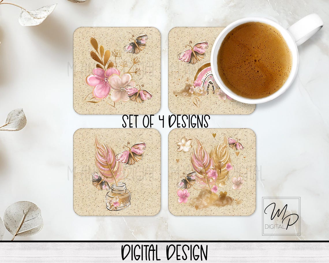 Set of 4 Coaster Sublimation PNG Designs, Boho Butterflies, Square ...