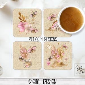 Set of 4 Coaster Sublimation PNG Designs, Boho Butterflies, Square ...