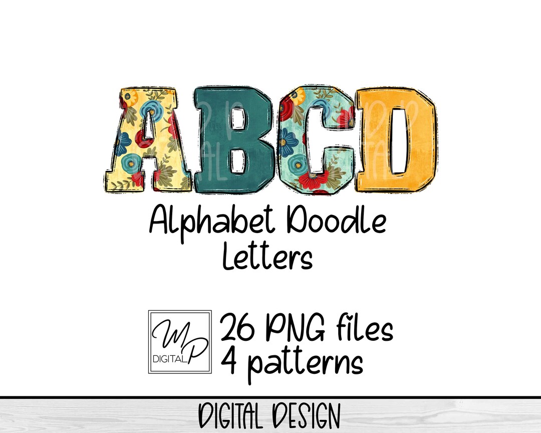 Flower Alphabet Letter Bundle, Alphabet Doodle Sublimation PNG, Teal ...