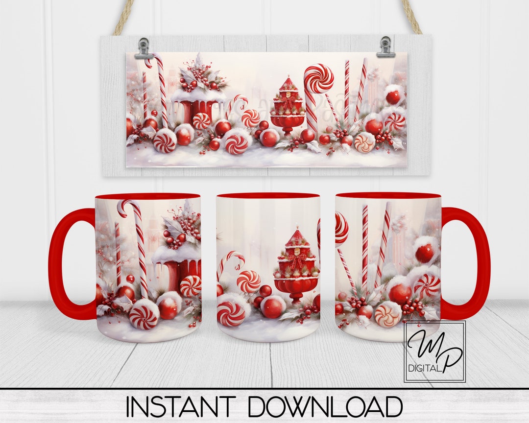 Christmas Peppermint Candy Canes 11oz and 15oz Mug Wrap Template ...