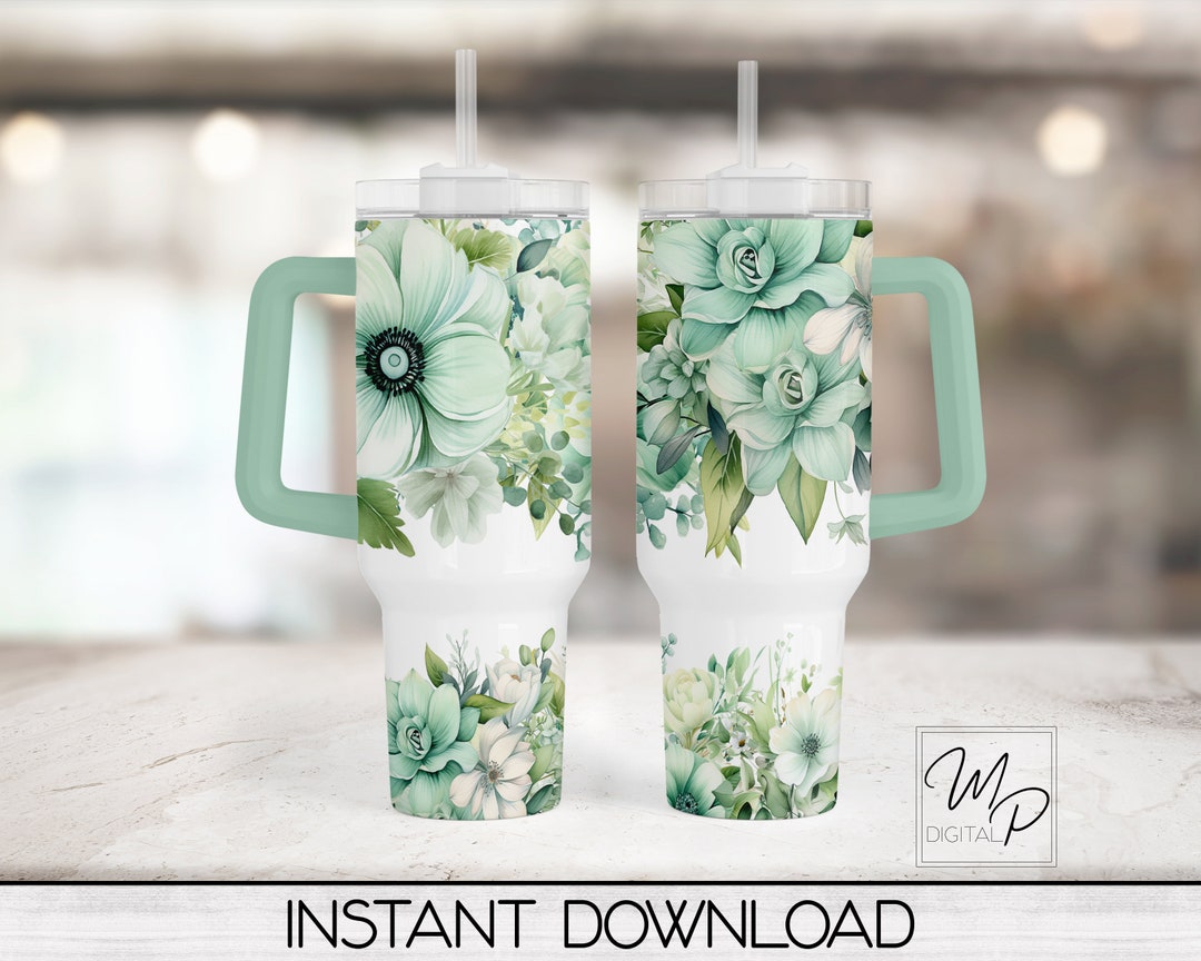 Mint Green Flowers 40oz Tumbler Wrap - PNG Tumbler Design Sublimation ...