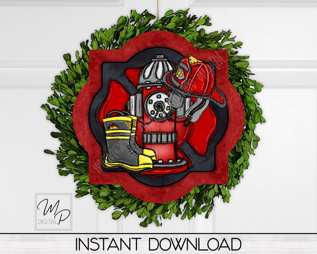 Firefighter Quatrefoil Door Sign Sublimation Design Download, Wreath ...