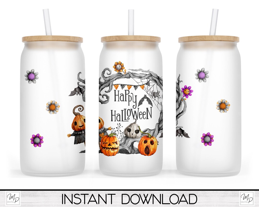 Happy Halloween 16oz Glass Can Wrap PNG, Glass Tumbler Sublimation ...