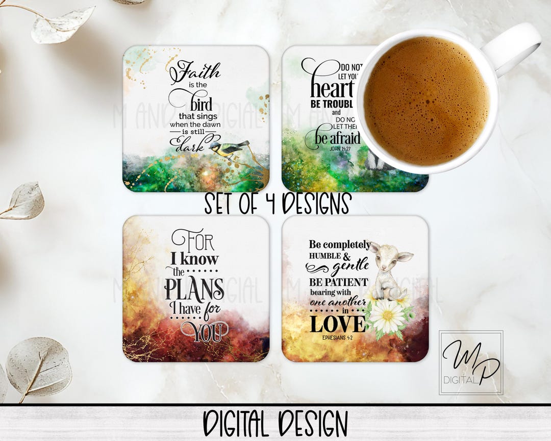 Set of 4 Christian Bible Verse Coaster Sublimation PNG Designs, Square ...