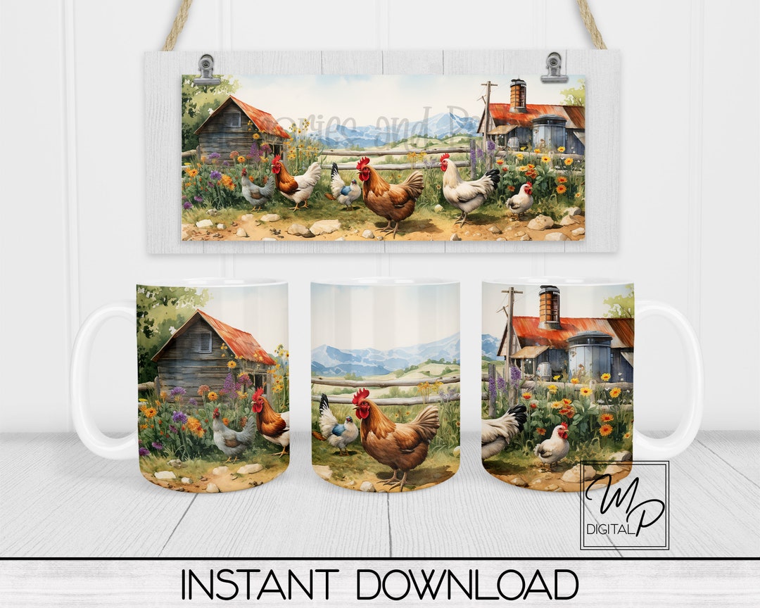 Barn Chickens Mug Wrap Template, Farm Coffee Mug Sublimation PNG ...