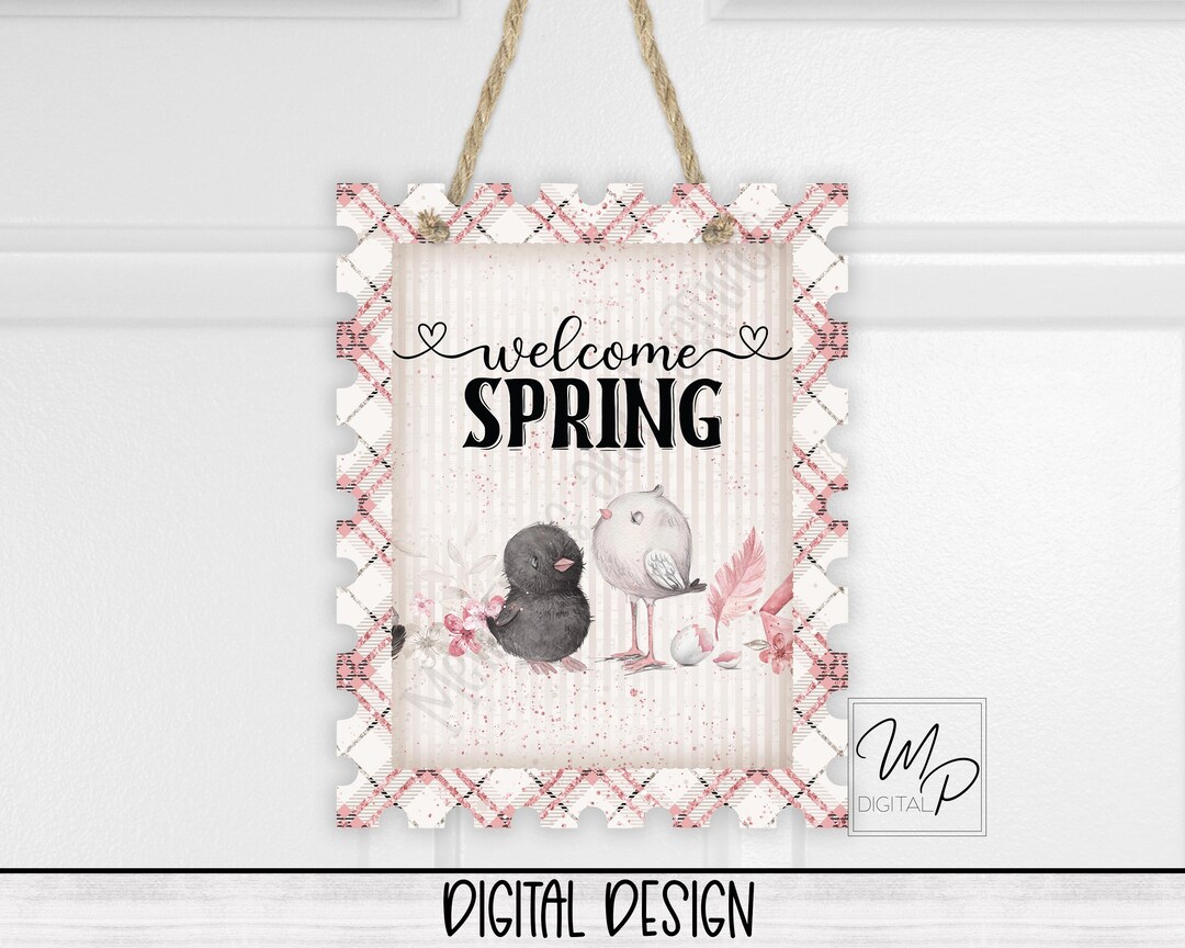Welcome Spring Birds Stamp PNG Digital Design for Sublimation of Door ...