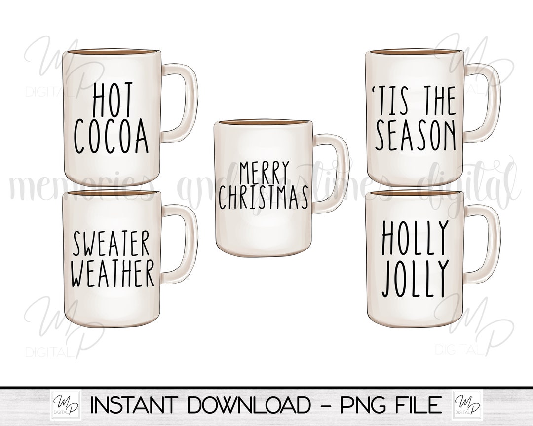 5 Christmas Coffee Mugs Clipart Design Download, INSTANT DOWNLOAD ...
