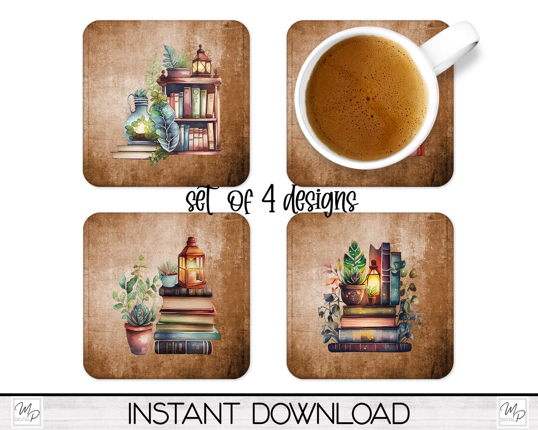 Set of 4 Book Coaster Sublimation PNG Designs, Square Coffee Coasters ...