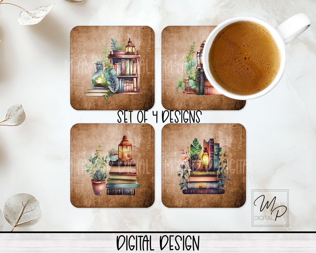 Set of 4 Book Coaster Sublimation PNG Designs, Square Coffee Coasters ...